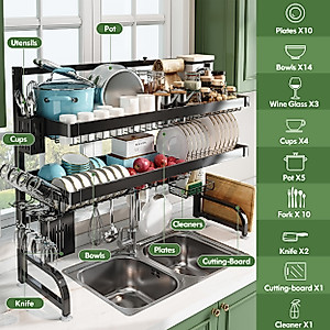 BOOSINY Over Sink Dish Drying Rack 3 Tier Full 304 Stainless Steel Above Sink Dish Drainer for Kitchen Shelf, Expandable Over The Shelf Storage Organization (Black - 25.5"-35.5")