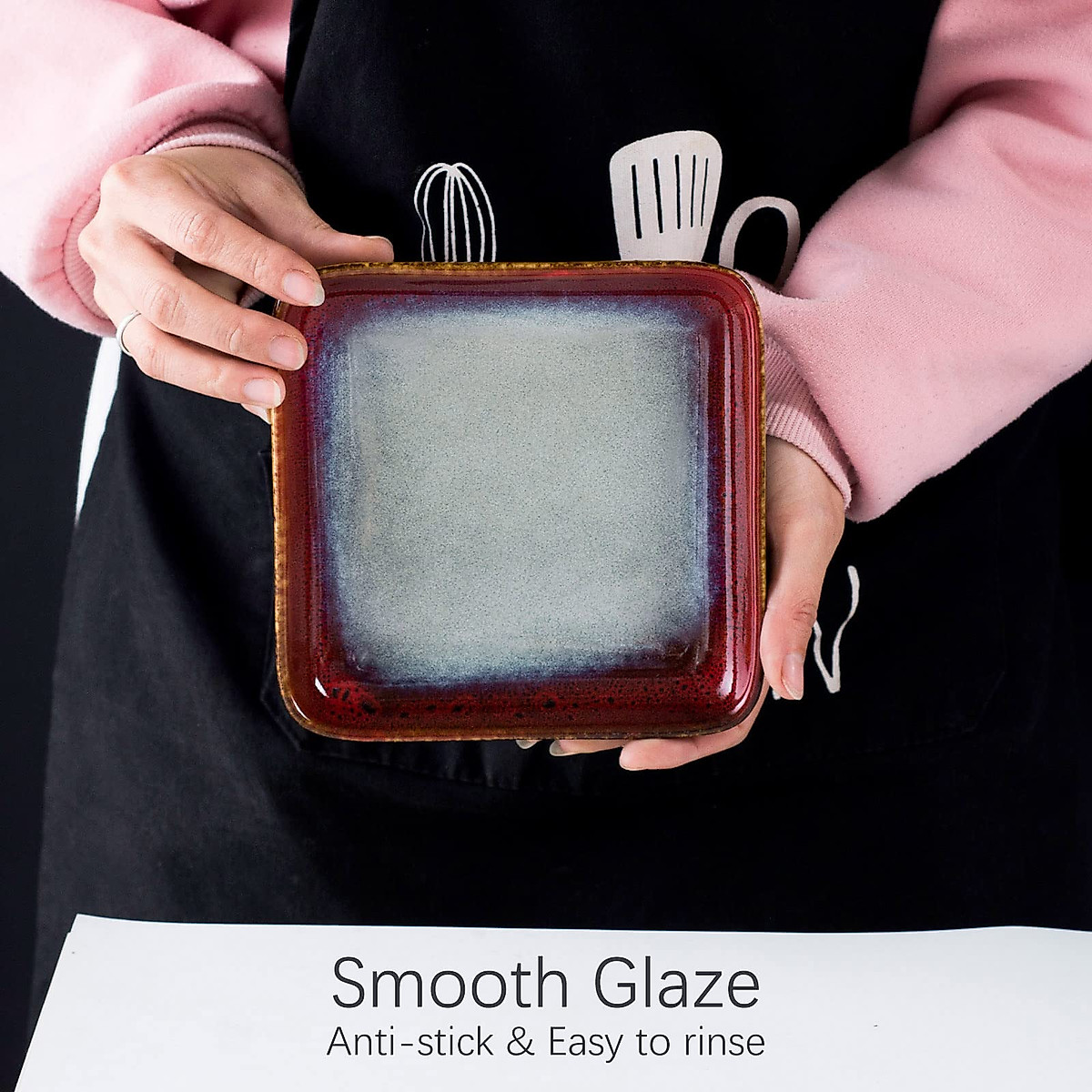 Ceramic Square Plate Sets - Dessert, Appetizer, Snack, Small Dinner Plate Scratch Resistant, Porcelain Serving Side Dish 6.3 Inch Microwave & Oven, Dishwasher Safe - Set of 4, Reactive Red