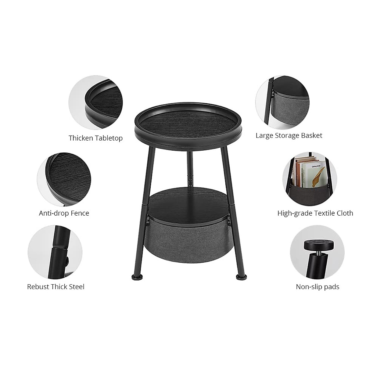 LEMONDA Small Round End Table, 2 Tier Round Side Table with Storage Basket,11.8”D*17.8”H Small Round Table,Sofa Side Table,Small Round Nightstand for Living Room Bedroom