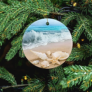 Beach Seashells on Sea Shore 2 PCs Christmas Round Hanging Ceramic Ornament Keepsake, Sign Plaque Tree Decoration with Thick Gold String for Xmas Holidays