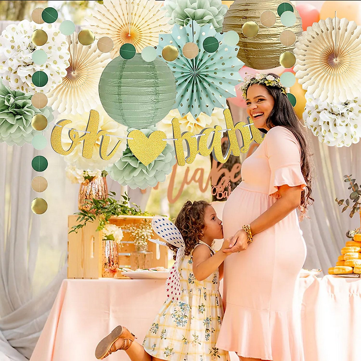 Sage Green Baby Shower Decorations Oh Baby Banner Tissue Paper Pom Poms Flowers Paper Fans Circle Dot Garland Neutral Party Supplies Boy Girl Gender Reveal Birthday Party Decorations