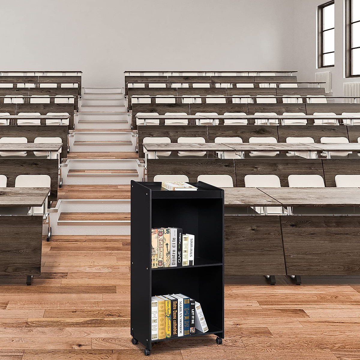 VINGLI 46.5”H Portable Podium Stand Mobile Lectern Podium with Storage Compartments, Pulpits for Churches, Reception Desk Checkout Stand for Meeting Room, Auditorium, Classroom and Reception, Black