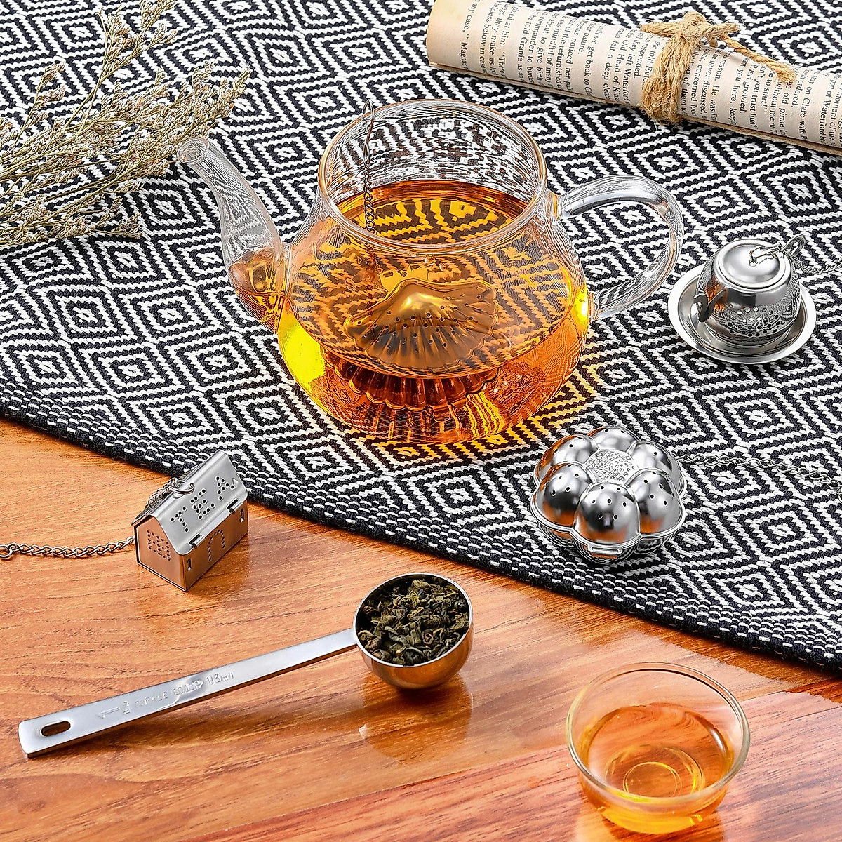 Vesici 10 Sets Loose Leaf Tea Infuser Set Stainless Steel Tea Strainer for Loose Tea Holder Infuser Ball Tea Filter Includes Chain Hooks and 1 Drip Trays with 1 Tea Spoon for Brew Tea Leaves Mug