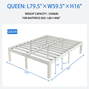 KZZLOL White Bed Frame Queen Size 16 Inch, Metal Queen Bed Frame No Box Spring Needed, Heavy Duty Steel Support 3500 LBS, DIY Headboard, Noiseless, Round Corner Legs, Storage Space, Easy Assembly