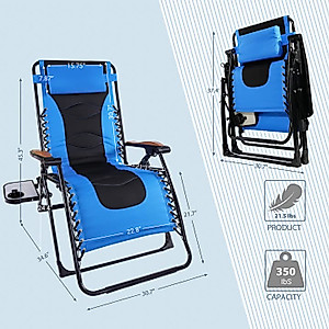 Cecarol XL Oversized Reclining Patio Chair, Zero Gravity Outdoor Lounge Chair Padded Seat, Portable Folding Lawn Recliner with Adjustable Headrest & Cup Holder for Camping, Support 350lbs - Blue