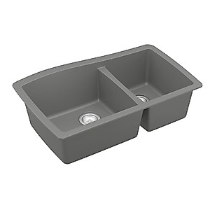 Karran QU-721 Undermount Quartz Composite 33 in. 60/40 Double Bowl Kitchen Sink with Bottom Grids and Strainers in Grey