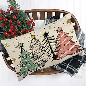 Fjfz Christmas Tree Lumbar Decorative Throw Pillow Cover 12 x 20, Rectangular Pink Green Xmas Polka Dot Stripe Snowflake Outdoor Home Decor, Golden Stars Winter Holiday Seasonal Farmhouse Cushion Case