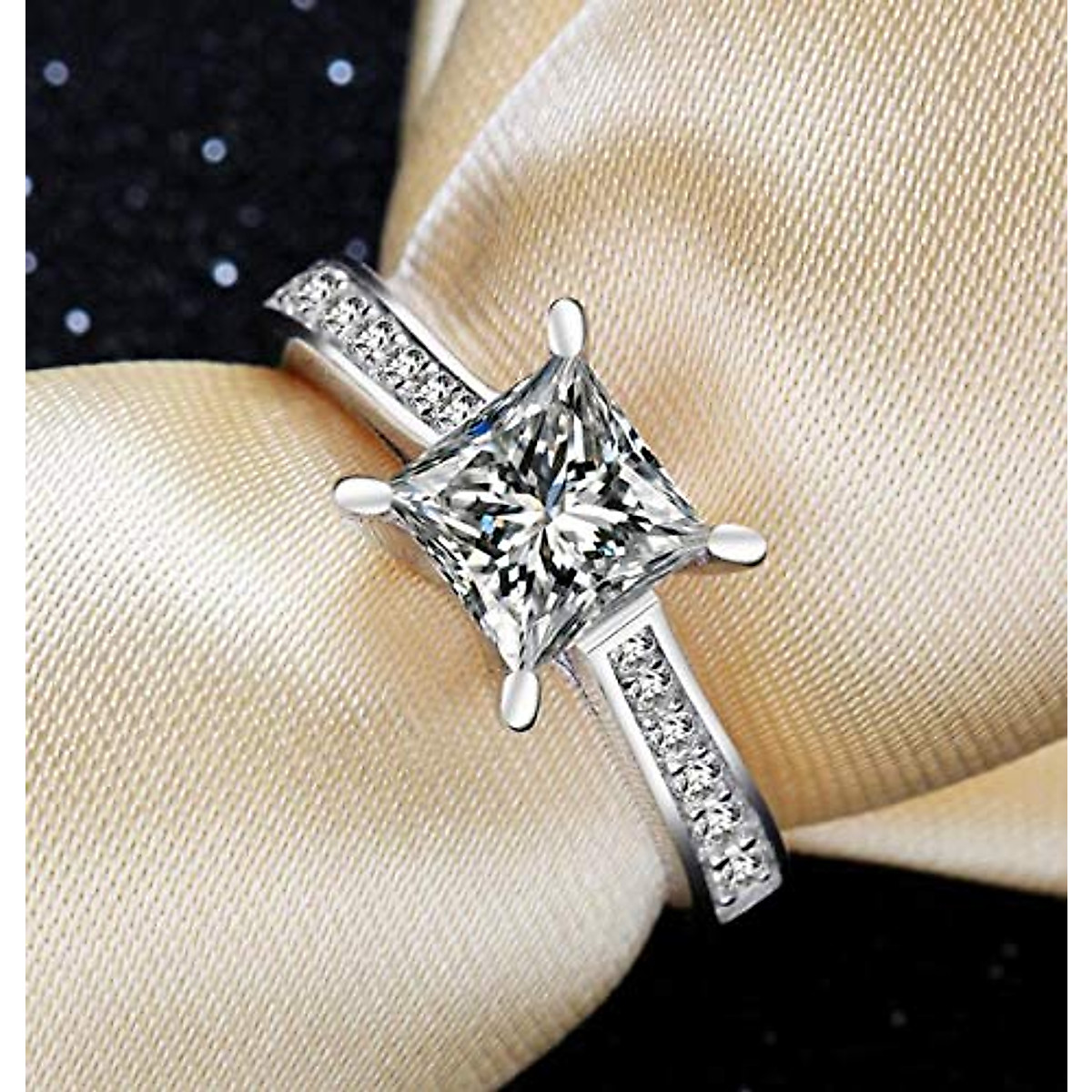 Jude Jewelers Stainless Steel 4 Carat Princess Cut Wedding Engagement Halo Bridal Proposal Ring (Silver, 7)