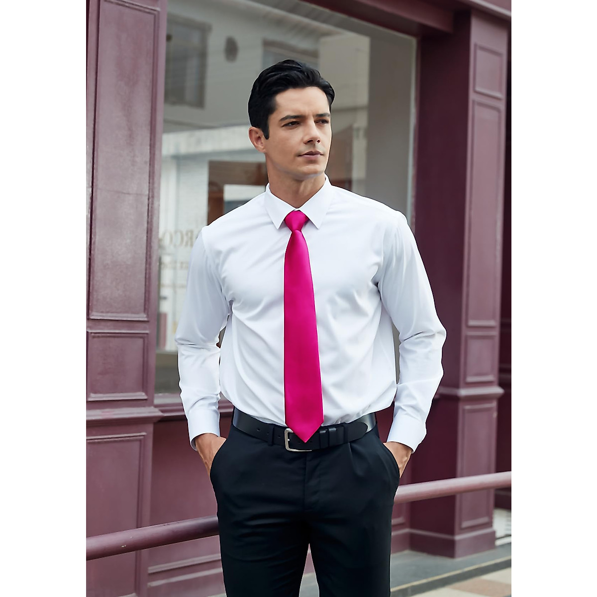 Mens Solid Pink Tie Classic 3.4" width Necktie and Pocket Square Set with Gift Box by HISDERN,Deep Pink,One Size