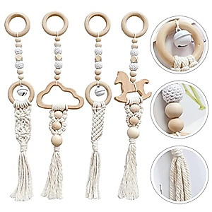 Beavorty 4Pcs Baby Wooden Gym Teething Rings with Tassels Macrame Fitness Woven Crib Hanging Rattles Pendants Toys Crib Hanging Ornaments