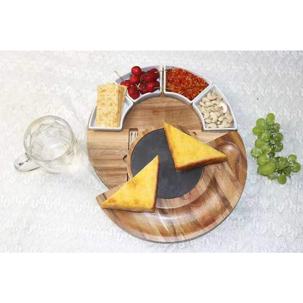 Acacia Wood Cheese Cutting Board Set - Charcuterie Board Set and Cheese Serving Platter with Utensil Set and Ceramic Bowls Slate Cheese Boards Perfect Meat/Cheese Board and Knife Set for Entertain