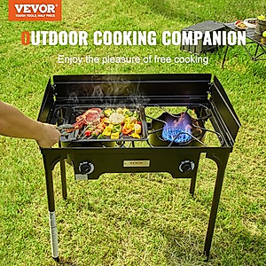 VEVOR Outdoor Propane Burner, 2 Burner Propane Stove with Windscreen, Heavy Duty Gas Cooker w/Detachable Legs Stand & Adjustable PSI Regulator, Propane Burners for Outdoor Cooking