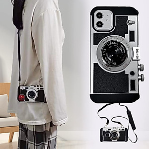 Mscomft Emily in Paris Phone case for iPhone 12/12 Pro, Vintage Camera Phone Case, 3D Vintage Camera Design Phone case That Looks Like a Camera,with Long Anti-Lost Lanyard(for iPhone 12 pro) Black
