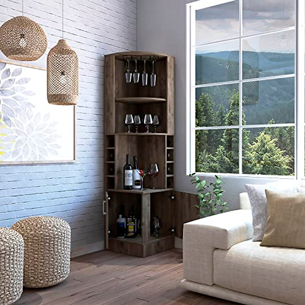 Tuhome Syrah Corner Bar Cabinet with 8 Wine Cubbies, 2 Cabinets, 2 Open Shelves, and Glass Rack, Dark Brown