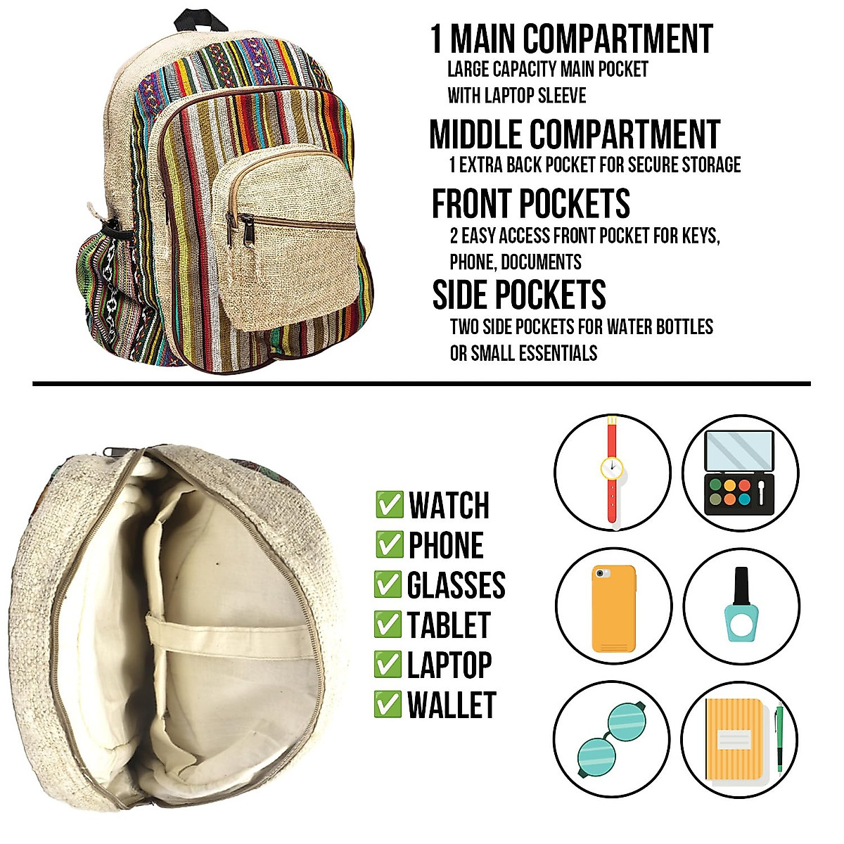 Core Hemp Boho Backpack - Handmade School Backpack - Lightweight Travel Bag
