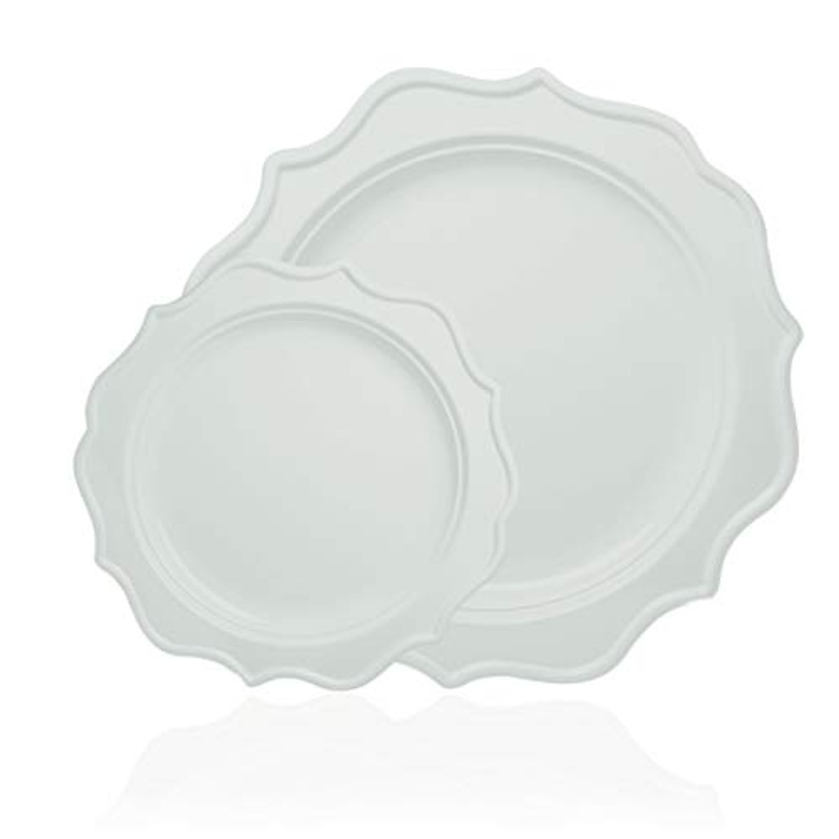 Tiger Chef 96-Pack White Color Round Scalloped Rim Disposable Plastic Plate Set for 48 Guests Includes 48 10-Inch Dinner Plates, 48 8-Inch Salad Plates - BPA-Free