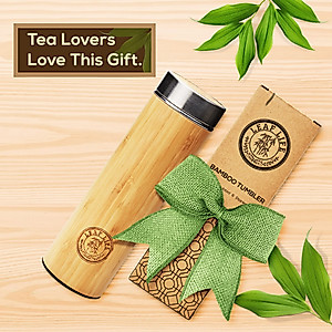 LeafLife Premium Bamboo Thermos with Tea Infusers for Loose Tea 17oz - Hot & Cold for 12 Hrs - Tea Accessories - Long Handled Tea Strainers - Unique Gifts for Women, Tea Gift Set for Women