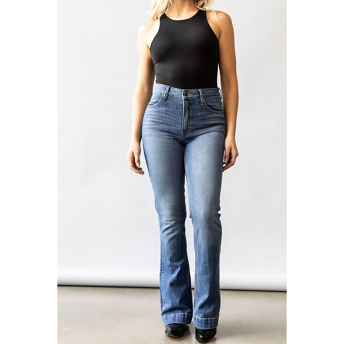 Kimes Ranch Women's Jennifer Casual Durable Western Ultra-High Rise & Wide Flare Leg Mid Wash Denim Jeans, 8-34