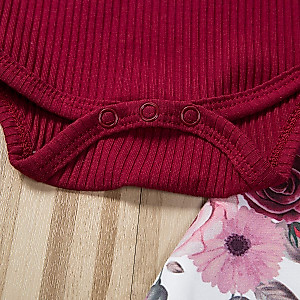 Kuriozud Newborn Infant Baby Girl Fall Winter Clothes Ruffle Ribbed Romper Tops Floral Pants Headband Outfit 2 Piece Set (red, 3-6 Months)