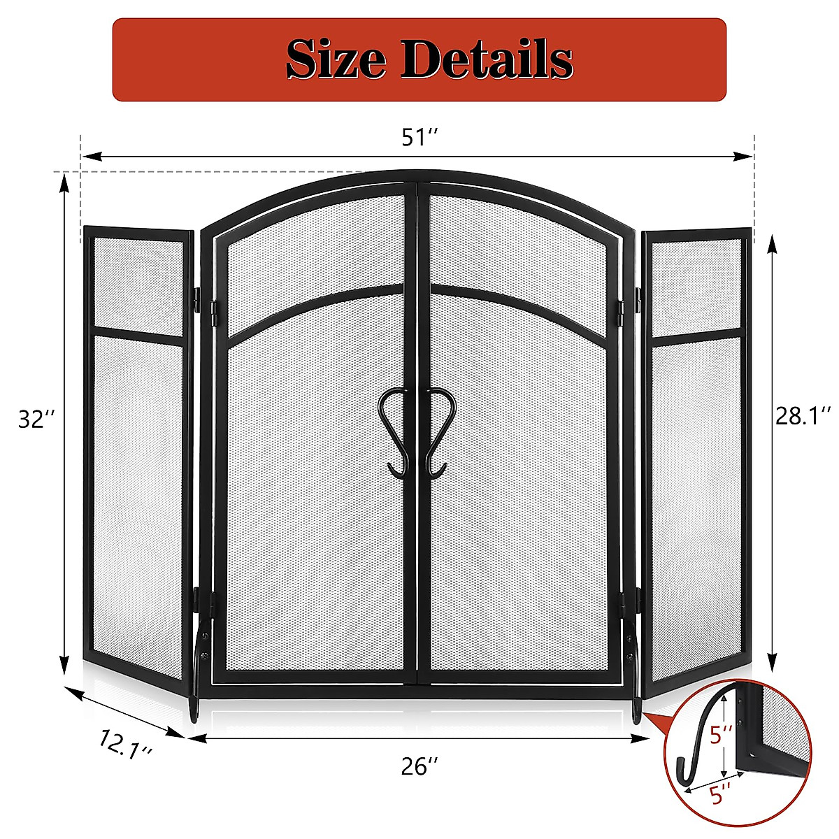 Gtongoko 3 Panel Fireplace Screen with Doors 51" W x 32" H Wrought Iron Extra Large Fireplace Screen Decorative Fire Spark Guard Grate for Living Room Home Decor - Black
