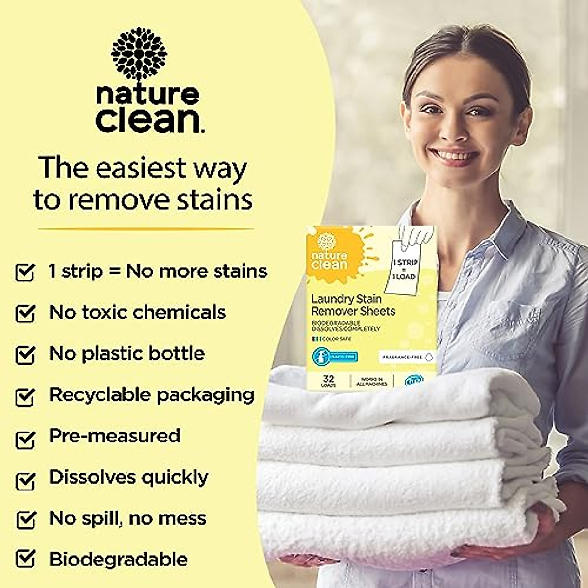 Nature Clean Natural Laundry Stain Remover Strips For Clothes 36 count, Non-Toxic Plastic-Free Packaging Unscented Eco-Friendly Biodegradable Septic Safe. Laundry Detergent Sheets Stain Remover for Fabric & Travel.