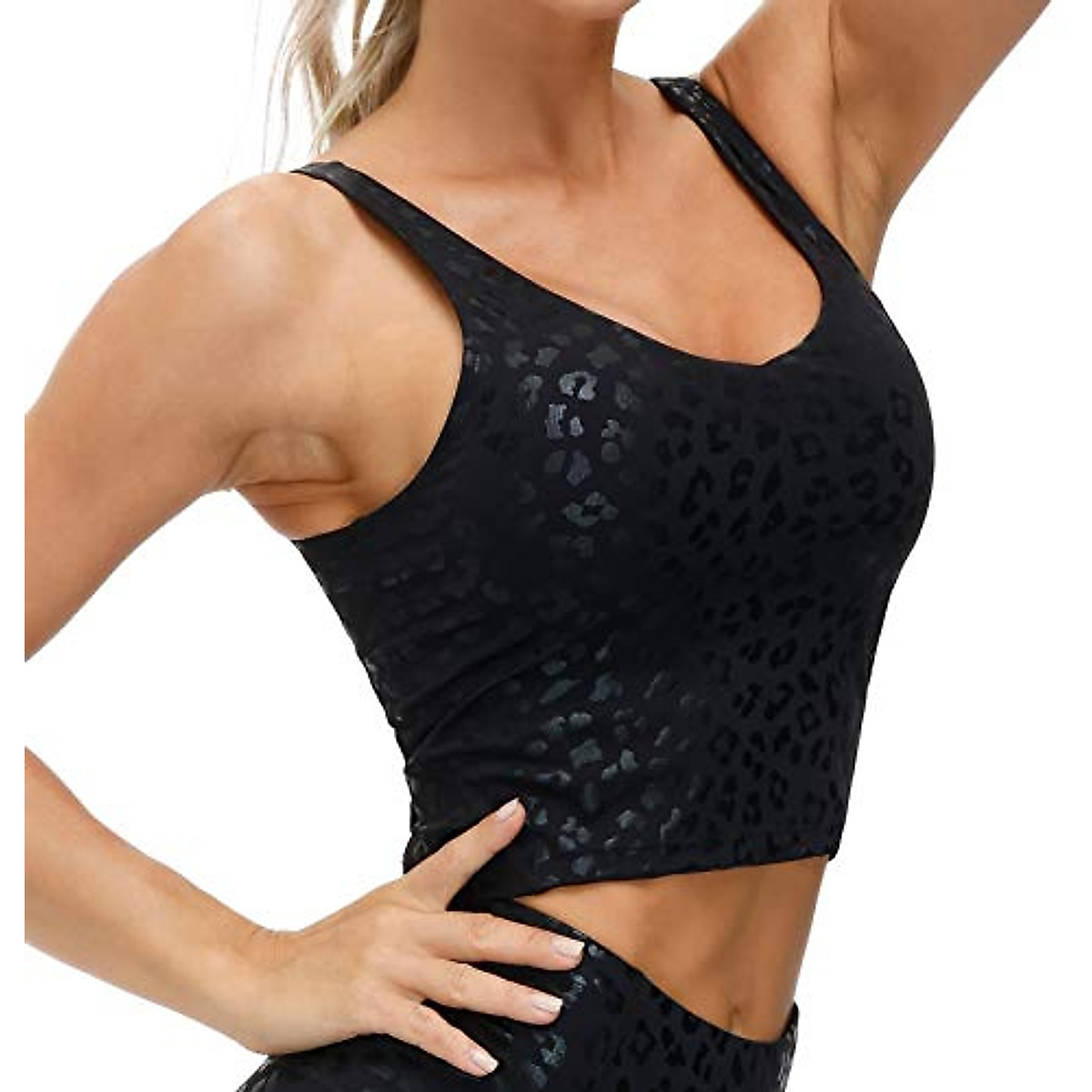 THE GYM PEOPLE Womens Leopard Longline Sports Bra Wirefree Padded Medium Support Yoga Bras Gym Running Workout Tank Tops (Black Leopard, X-Large)