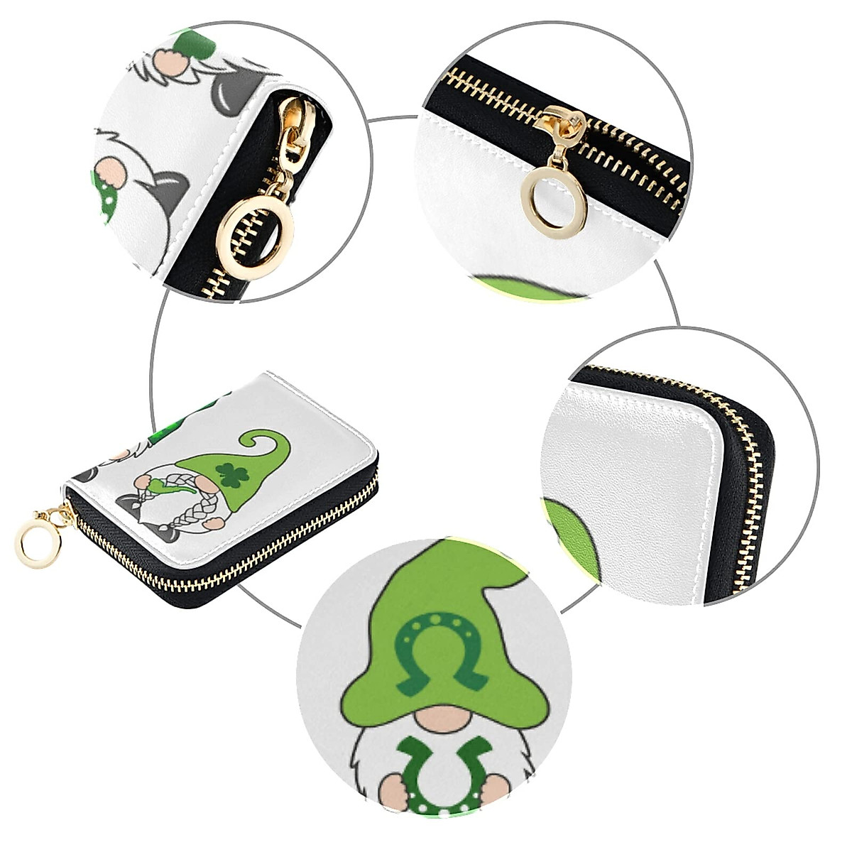 St Patrick Day Gnomes with Green Shamrock Clovers Leaves on WhiteGrey Credit Card Coin wallet, RFID Blocking Compact Women Leather Card Holder, Key Change Organizer, Zipper Purse Clutch Pouch