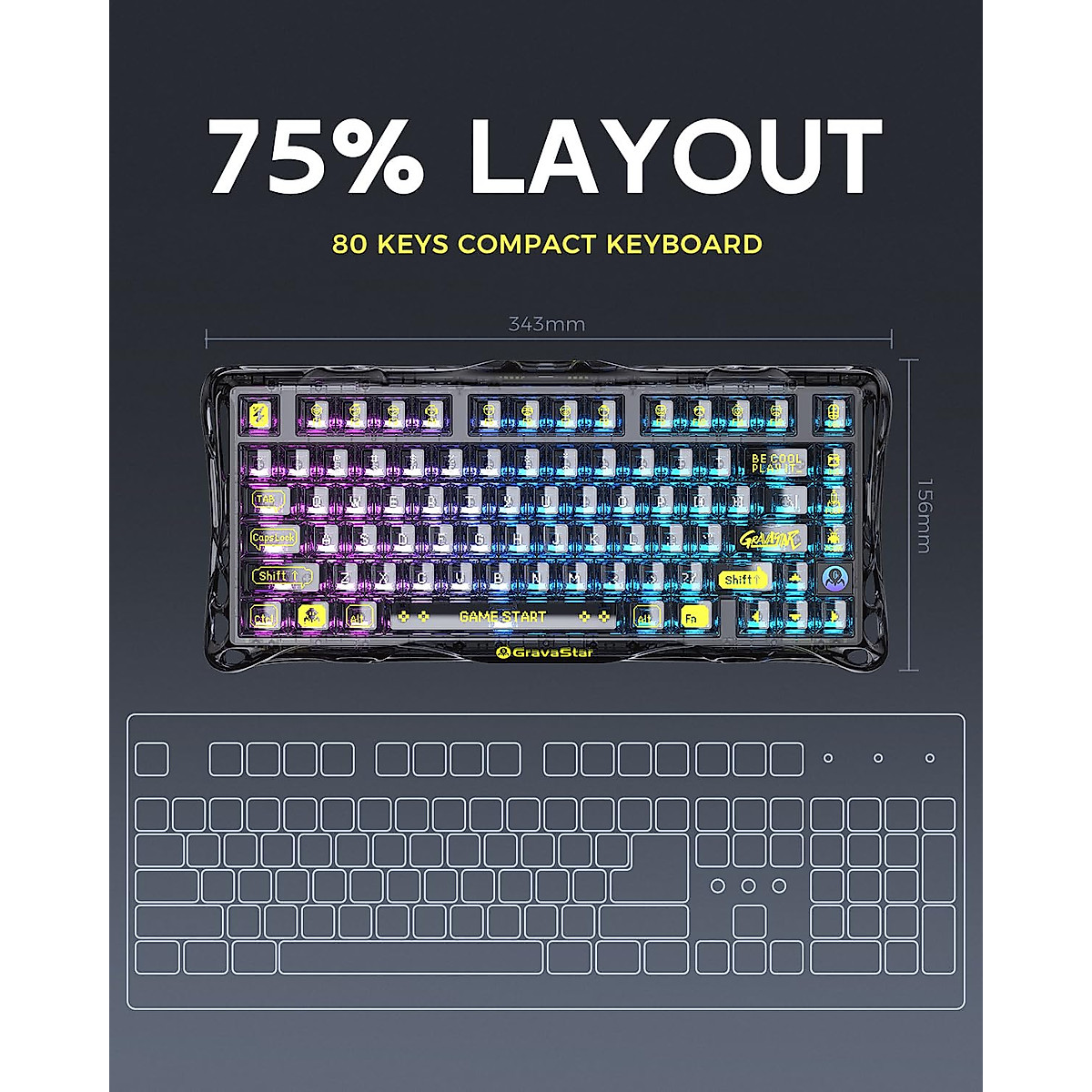 GravaStar Mercury K1 Lite 75% Mechanical Keyboard, Gasket Hot Swappable Gaming Keyboard, Pre-lubed Linear Switches, RGB Backlit Wireless Keyboard - Transparent Black