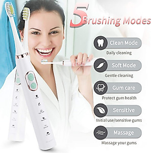 Electric Toothbrush Rechargeable Inductive Charging Base with 5 Brushing Modes, 2-Min Smart Timer, 2 Brush Heads, Travel Bag Included for Travel and Home Use