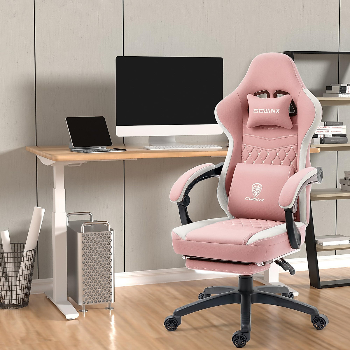Dowinx Gaming Chair Breathable Fabric Computer Chair with Pocket Spring Cushion, Comfortable Office Chair with Gel Pad and Storage Bag,Massage Game Chair with Footrest,Pink