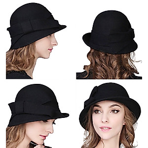 Bellady Women Solid Color Winter Hat 100 percent Wool Cloche Bucket with Bow Accent,Black, One Size