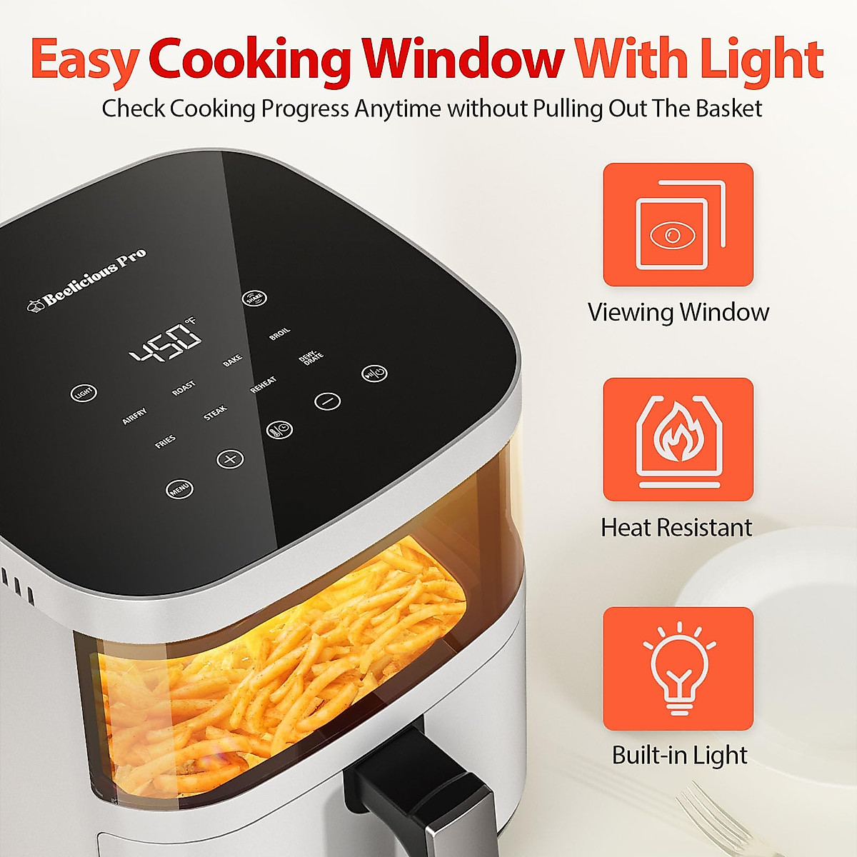 Air Fryer,Beelicious® 8-in-1 Smart Compact 4QT Air Fryers,with Viewing Window,Shake Reminder,450°F Digital Airfryer with Flavor-Lock Tech,Dishwasher-Safe & Nonstick,Fit for 1-3 People,White