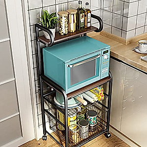 Gdrasuya10 Kitchen Baker's Rack Microwave Stand Cart on Wheels 4 Tier Shelves with Large Metal Baskets Utility Storage Shelf Rolling Cart Fruit Vegetable Kitchen Organizer Rack