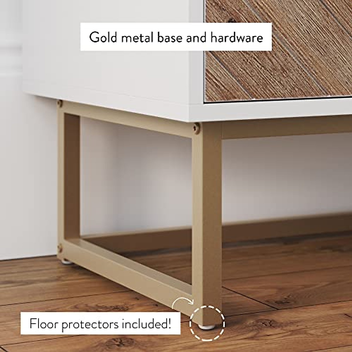 Nathan James Enloe Modern Storage, Free Standing Accent Cabinet with Doors in a Rustic Fir Wood Finish Powder-coated Metal Base for Hallway, Entryway or Living Room, White/Gold