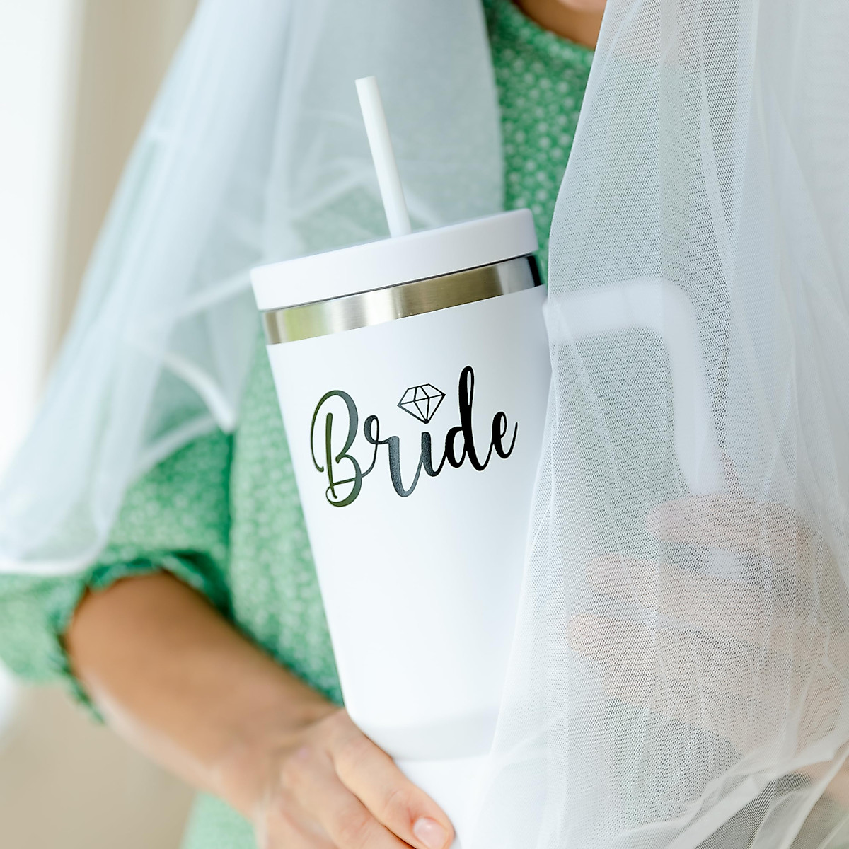 Hacienda Art & Home Bride's 40 Oz Tumbler with Handle and Straw - Insulated Stainless Steel Water Bottle Fits in Car Cup Holder - Bachelorette Gift, Bridal Shower Gift (Bride White)