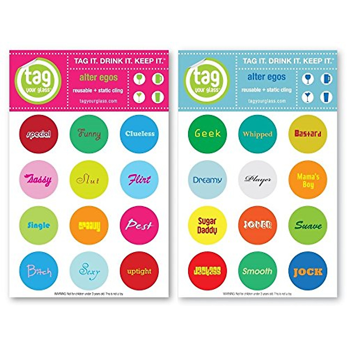 Alter Ego (2-pack) - Champagne, Beer & Wine Glass Charms - Static Cling. Unique, Reusable Wine Charms, Stemless Wine Glass Charms for Birthday, Wedding, Thanksgiving, Christmas Party Accessory