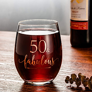 Crisky Rose Gold 50 & Fabulous Wine Glass for Women 50th Birthday Gifts Funny Ideas for Women, Wife, Mom, Sister, Aunt, Friends, Coworker, Her Rose Gold Foil 50 & Fabulous 14oz, with Box