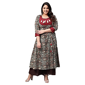 Yash Gallery Women's Cotton Angrakha Style Printed Indian Kalamkari Kurtis (Maroon., XXL)