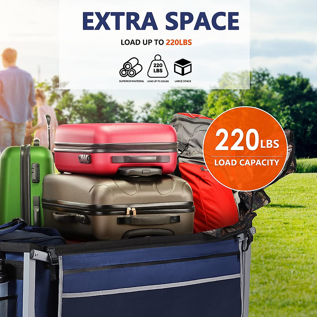 Kuznap All Terrain Wheels Collapsible Wagon, 225pound Capacity Heavy Duty Utility Folding Wagon, Portable Garden Beach Cart with Side Bags and Drink Holders