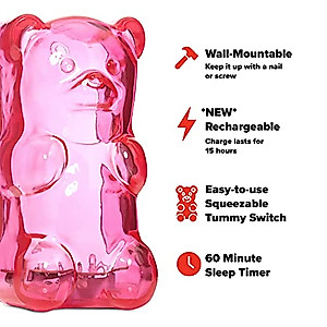 Gummygoods Squeezable Gummy Bear Night Light for Kids Room, Babies, Toddlers, Nursery | Rechargeable, Portable, Cordless, 60 Min Sleep Timer (Pink)