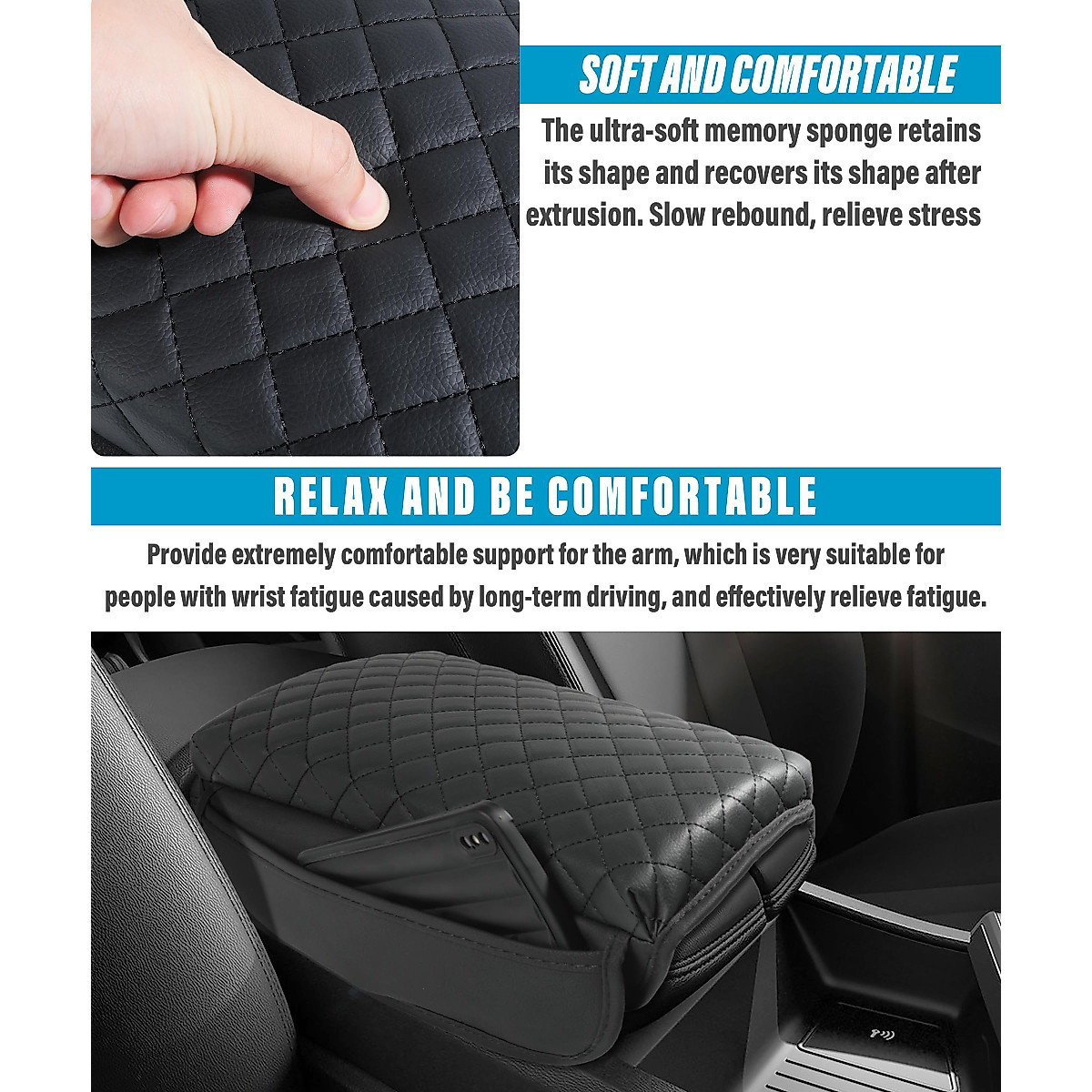 Qziulr Zlirfy Carbon Fiber Leather Armrest Cover for Car,Auto Center Console Pad with Organizer Pockets,Car Armrest Cover,Car Accessories Car Armrest Cushion,Armrest Box Protector(Black)