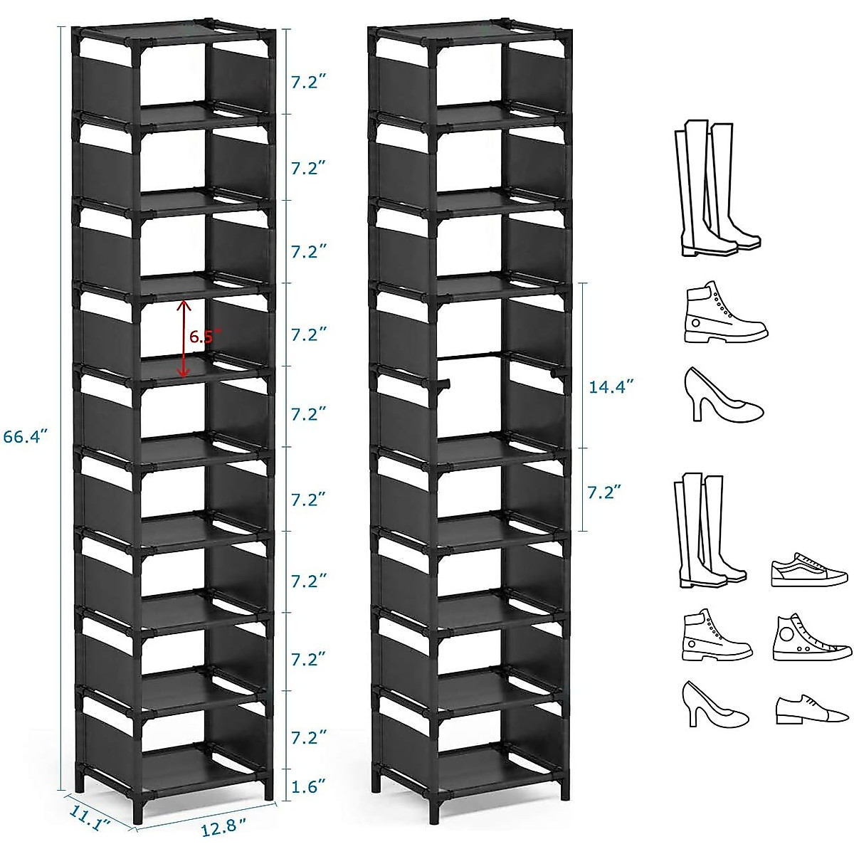 barsone 10 Tier Shoe Rack, Shoe Organizer Storage Shelf Stand Tower Stackable Shoe Rack, Space Saving Shoe Shelves for Closet Entryway Hallway Apartment Garage(Black)