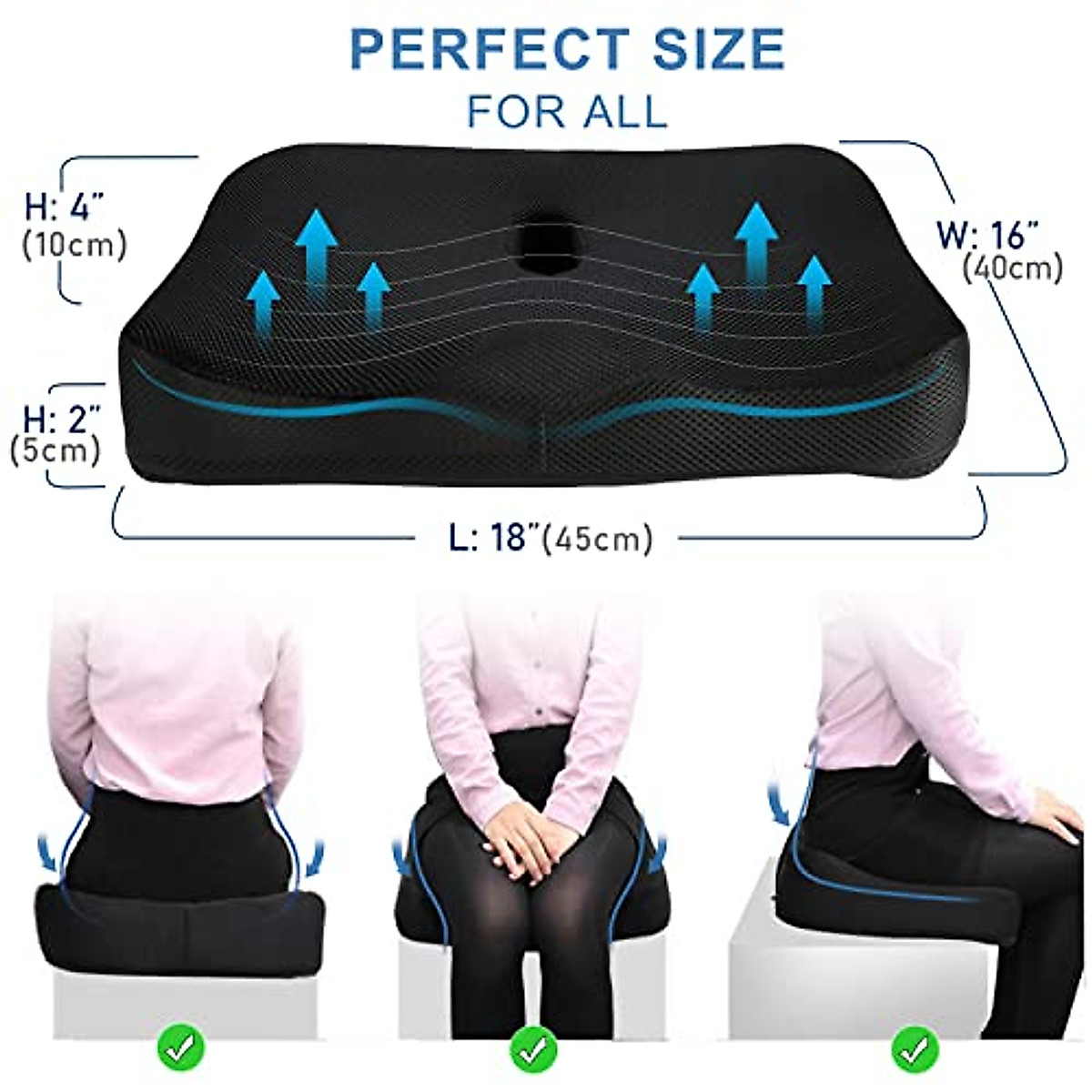 beobeu G1 Seat Cushion Memory Foam Ventilated Ergonomic Design Tailbone Coccyx Pad for Office Chairs,Car seat Cushions, Wheelchairs(18x16 inches)