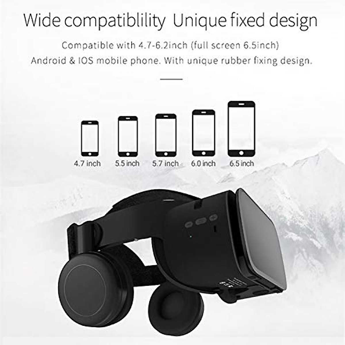 3D Virtual Reality Headset, 3D VR Glasses Viewer w/ Bluetooth Headphones for iOS iPhone 12 11 Pro Max Mini X R S 8 7 Samsung Galaxy S10 S9 S8 S7 Edge Note/A 10 9 8 + Other 4.7-6.2" Cellphone, Black