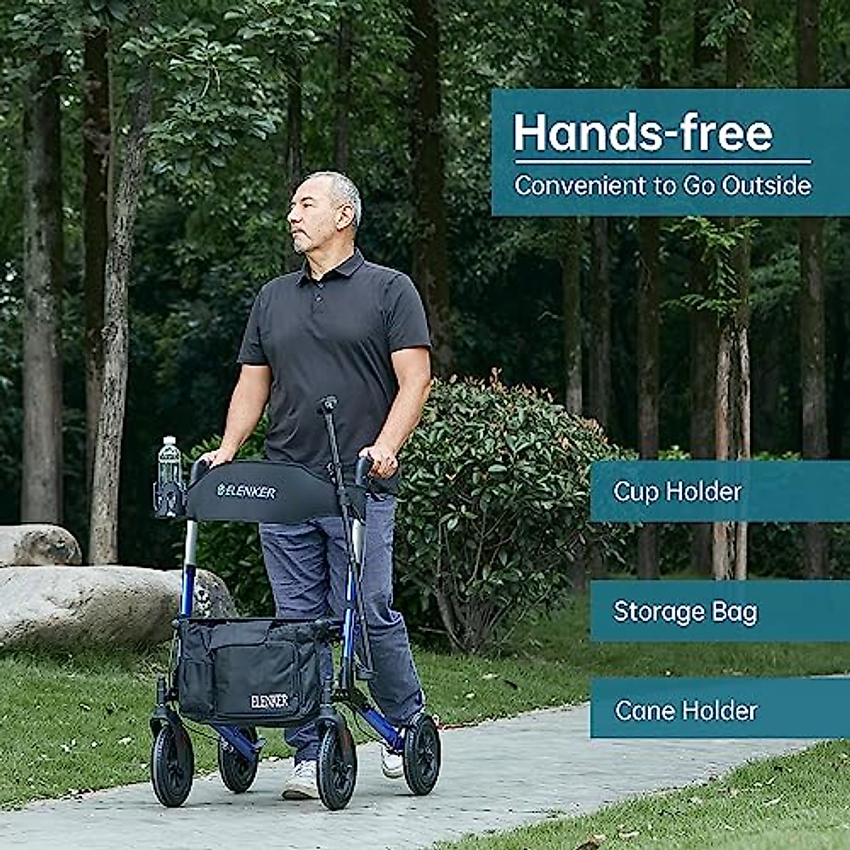 ELENKER All-Terrain Rollator Walker with Seat, Outdoor Rolling Walker, 10” Non-Pneumatic Tire Wheels Compact Folding Design for Seniors, Blue