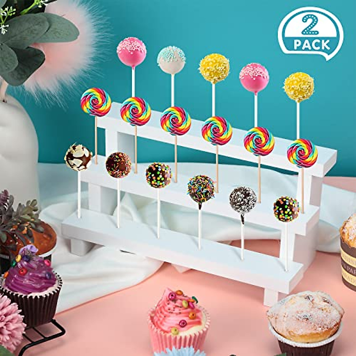 Cake Pop Stand Display Riser 2 Pcs 3 Tier Wood Lollipop Holder 17 Hole Cake Pop Stand Cake Pop Holder White Lollipop Stand for Dessert Table of Wedding Birthday, Fit 5/32 Inch 4 mm Lollipop Sticks