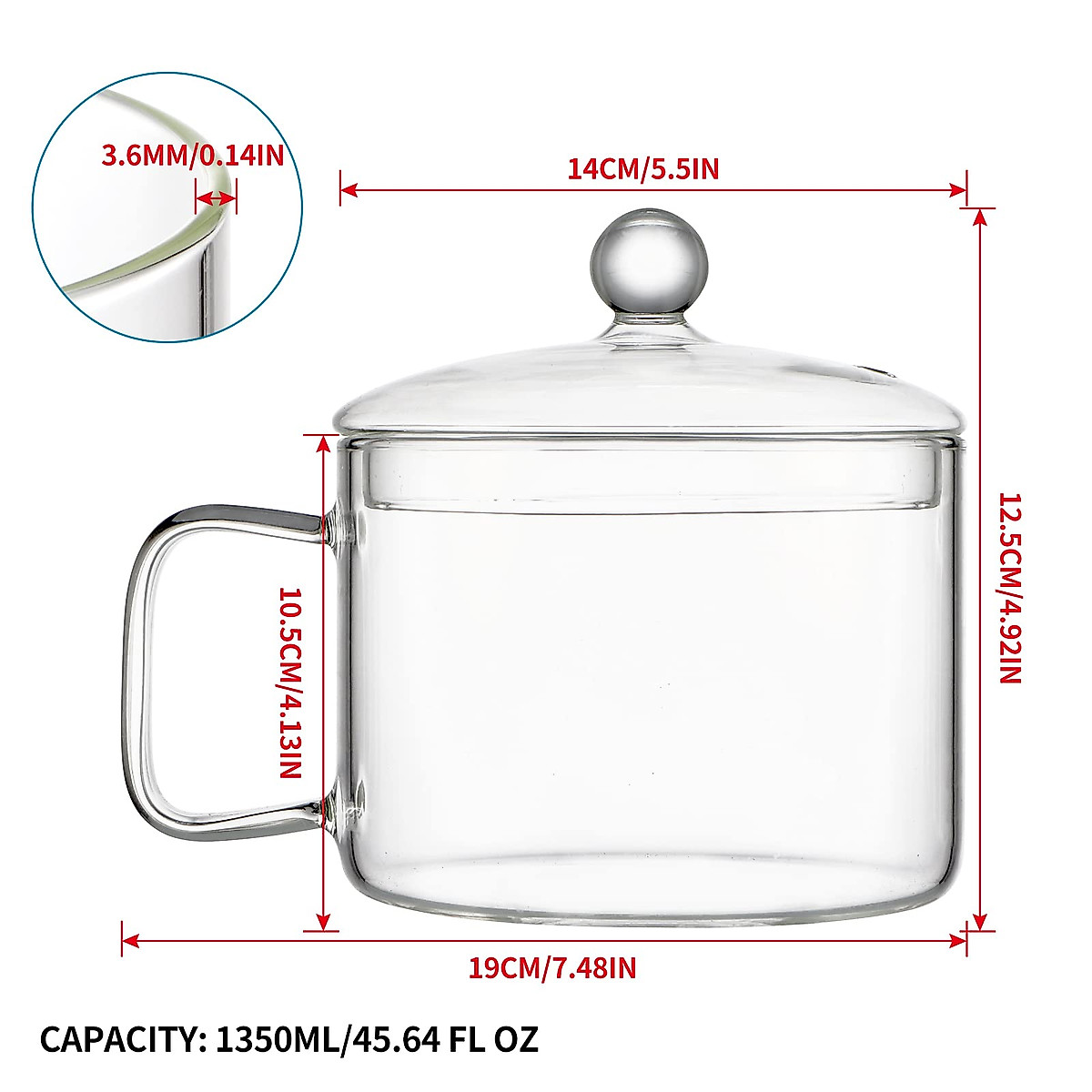 MDLUU Glass Soup Bowl with Handle 47 fl-oz, Heat Resistant Borosilicate Glass Saucepan with Lid, Glass Pot for Heating, Cooking Ramen, Pasta, Oatmeal