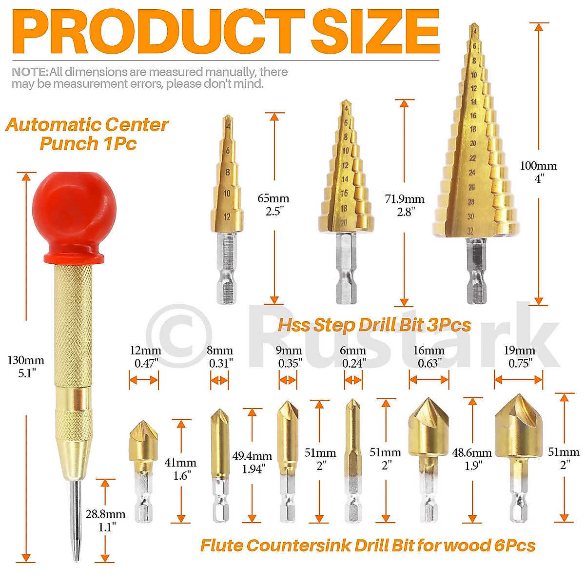 Rustark 26Pcs Woodworking Drill Bit Tool Set with High Speed Steel Three Pointed Countersink Drill Bits Wood Plug Cutter Automatic Center Hole Punch for Woodworking Drilling Countersinking