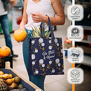 Christian Art Gifts Reusable Shopping Tote Bag for Women: Be Still & Know - Psalm 46:10 Inspirational Bible Verse, Easy-hold Collapsible Handbag for Groceries & Books, Spring White Floral, Navy Blue