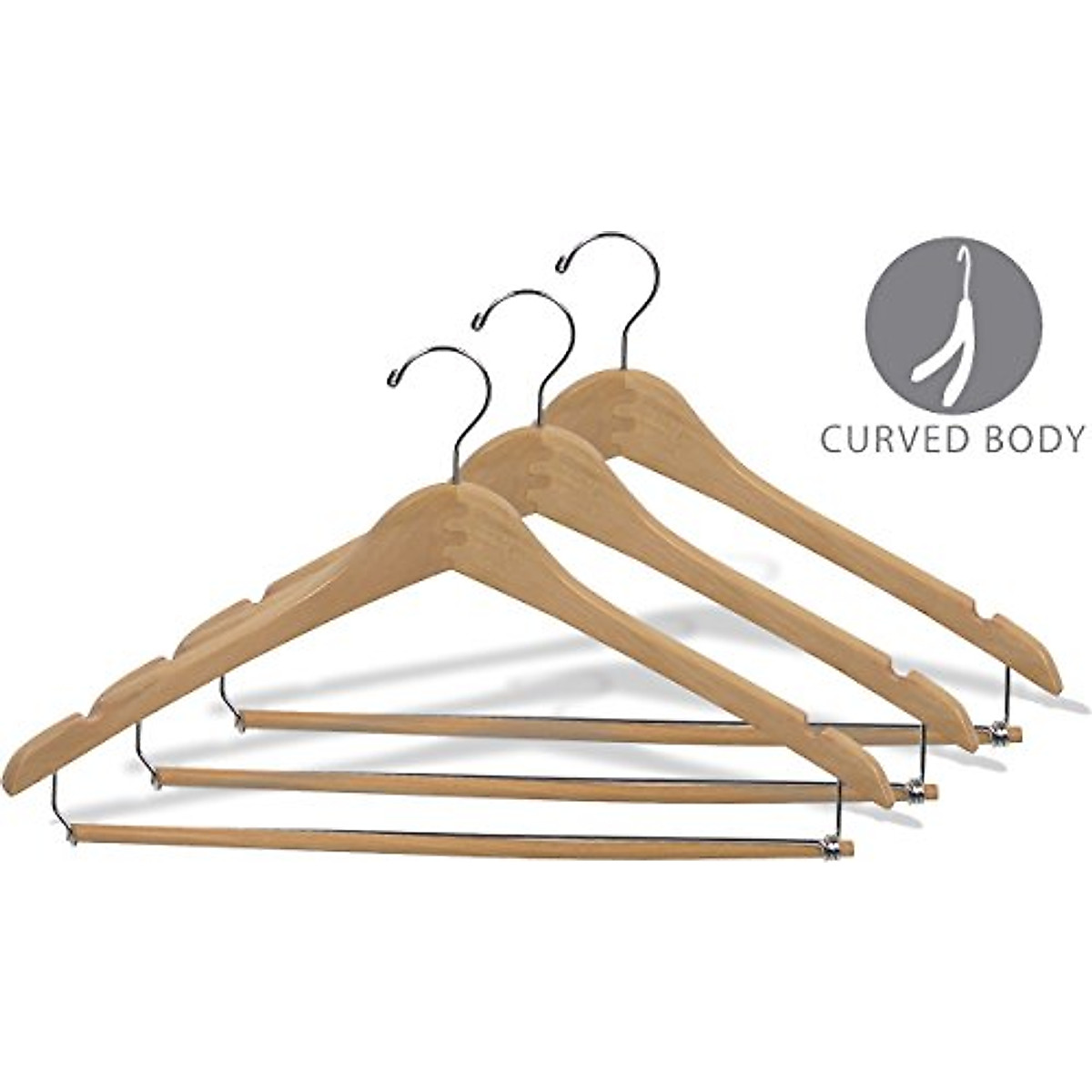 The Great American Hanger Company Curved Wood Suit Hanger w/Locking Bar, Box of 25 17 Inch Hangers w/Natural Finish & Chrome Swivel Hook & Notches for Shirt Dress or Pants